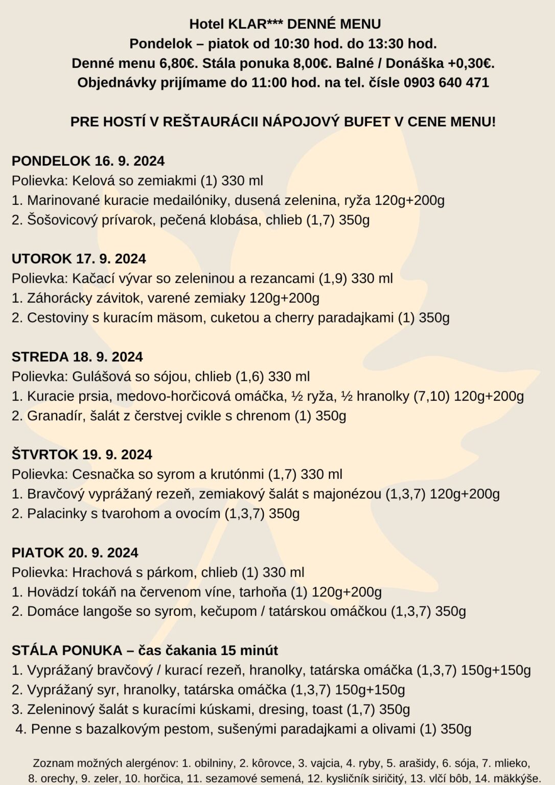 Denné menu | KLAR Hotel Liptovský Mikuláš